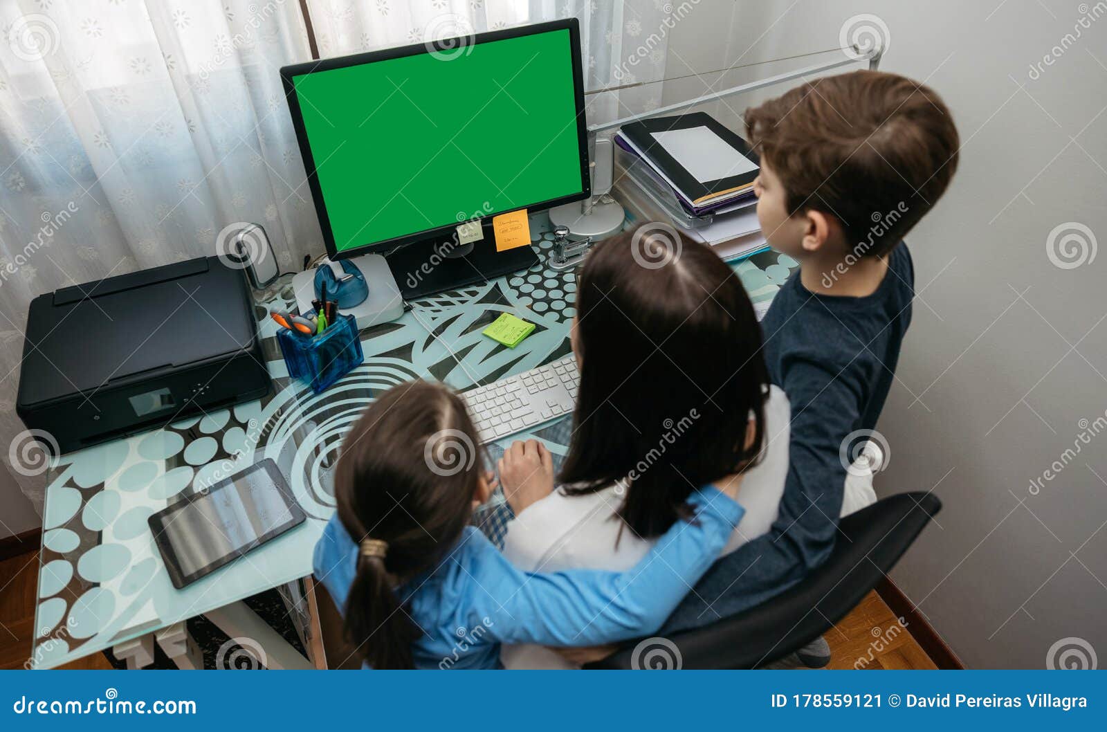 Mother and Children Looking at Computer Screen Stock Image - Image of ...