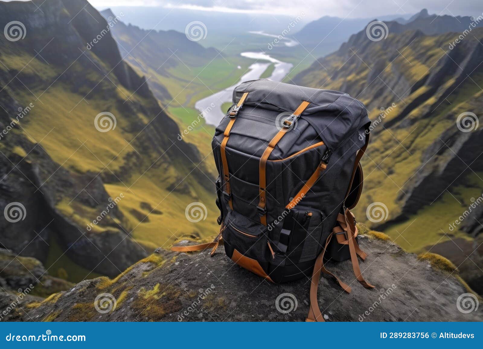 Top View of Mountaineers Backpack on Cliffside Stock Photo - Image of ...