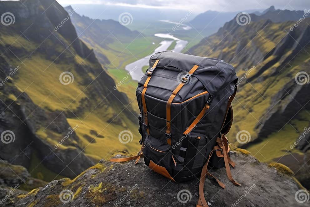 Top View of Mountaineers Backpack on Cliffside Stock Photo - Image of ...