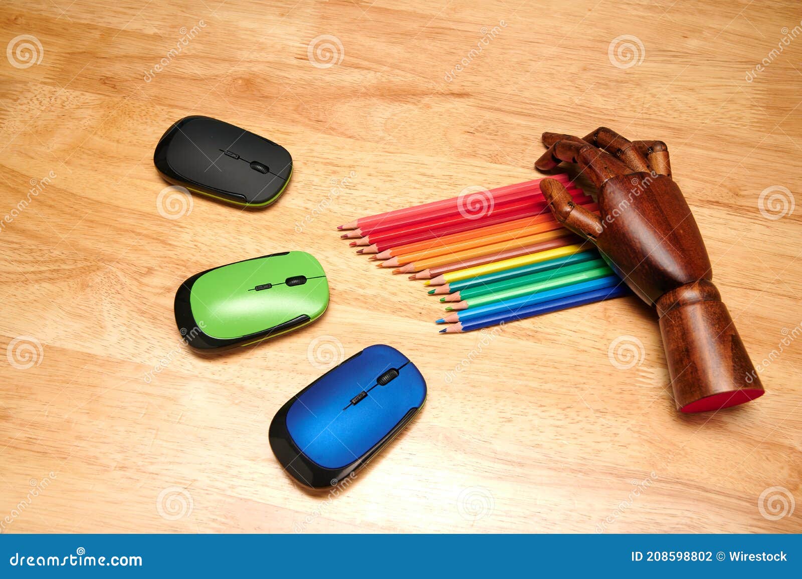 Top View of Multi-colored Pencils, Computer Mouses with an Articulated ...