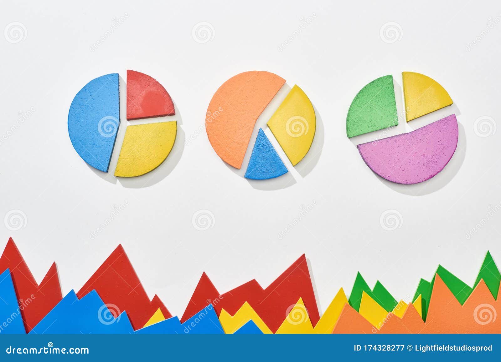 Top View of Multicolor Statistic Graphs and Pie Charts on White ...