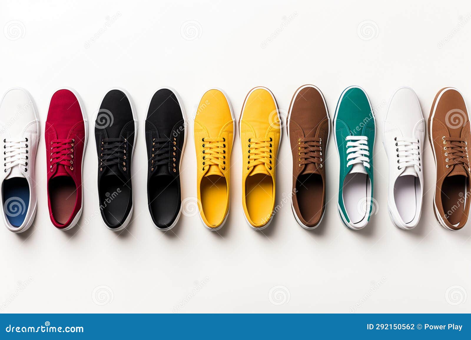 Top View of Multicolored Sneakers Arranged in Row Isolated on White ...