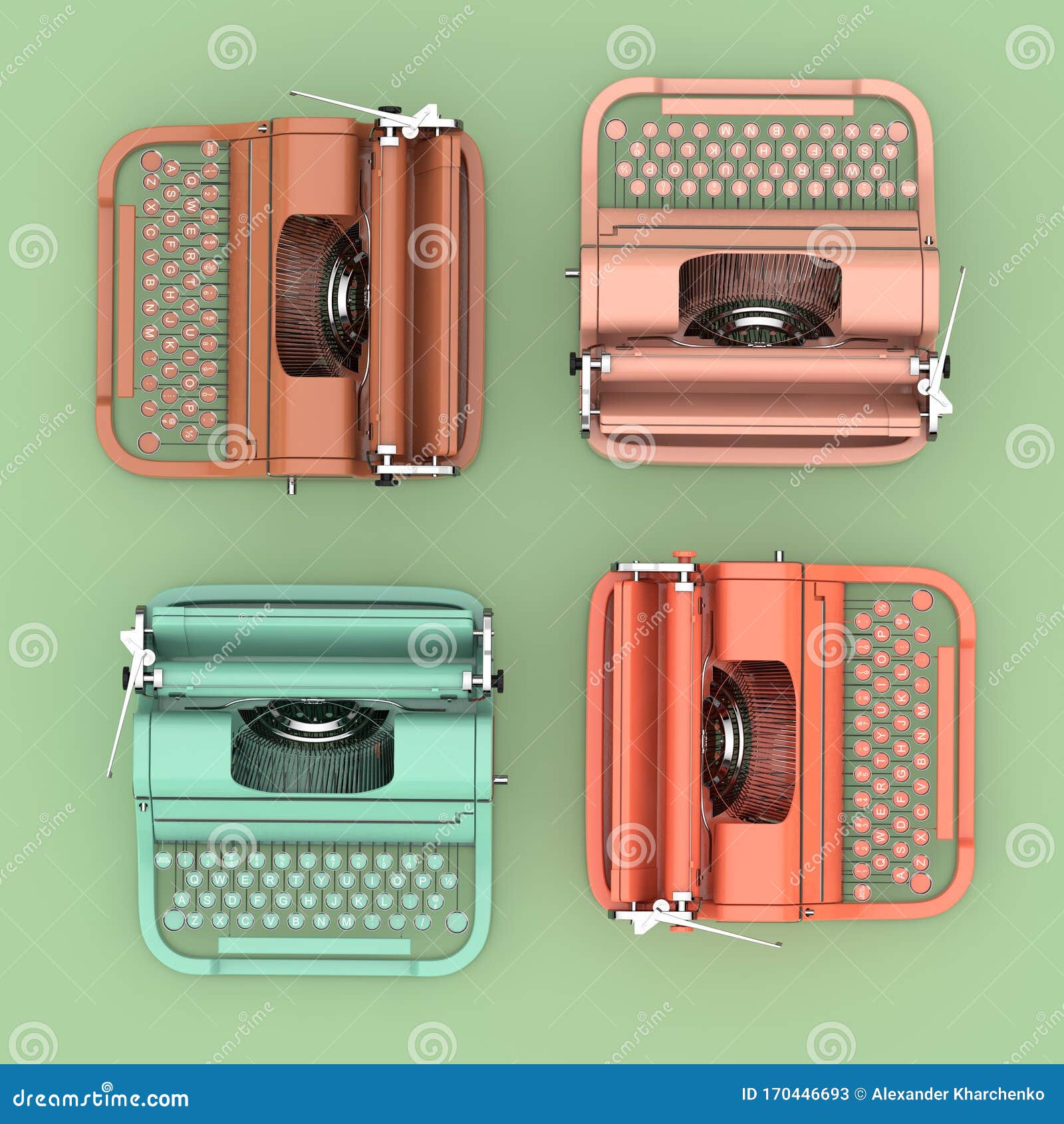 Top View of Multicoloured Old Vintage Retro Typewriters. 3d Rendering ... Top View of Multicoloured Old Vintage Retro Typewriters. 3d Rendering ...