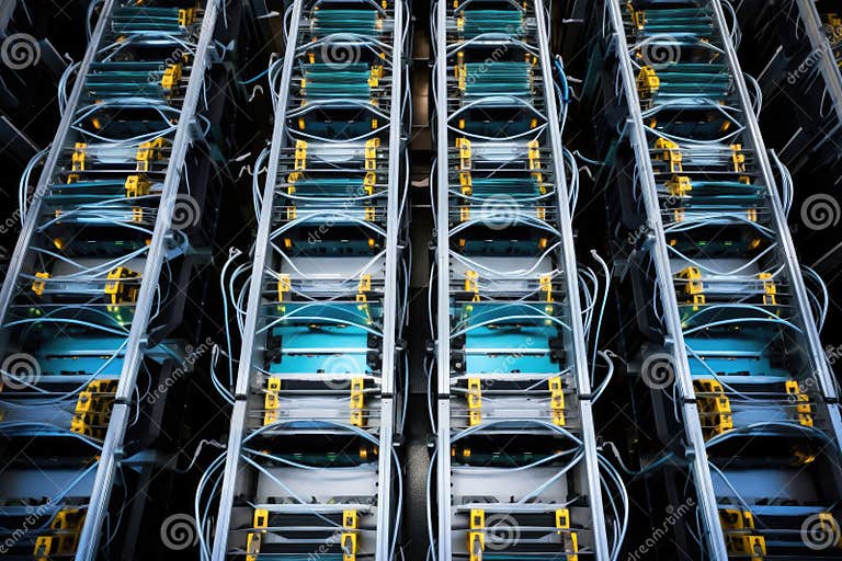 Top View of Multiple Database Servers Stacked in a Rack at Data Center ...