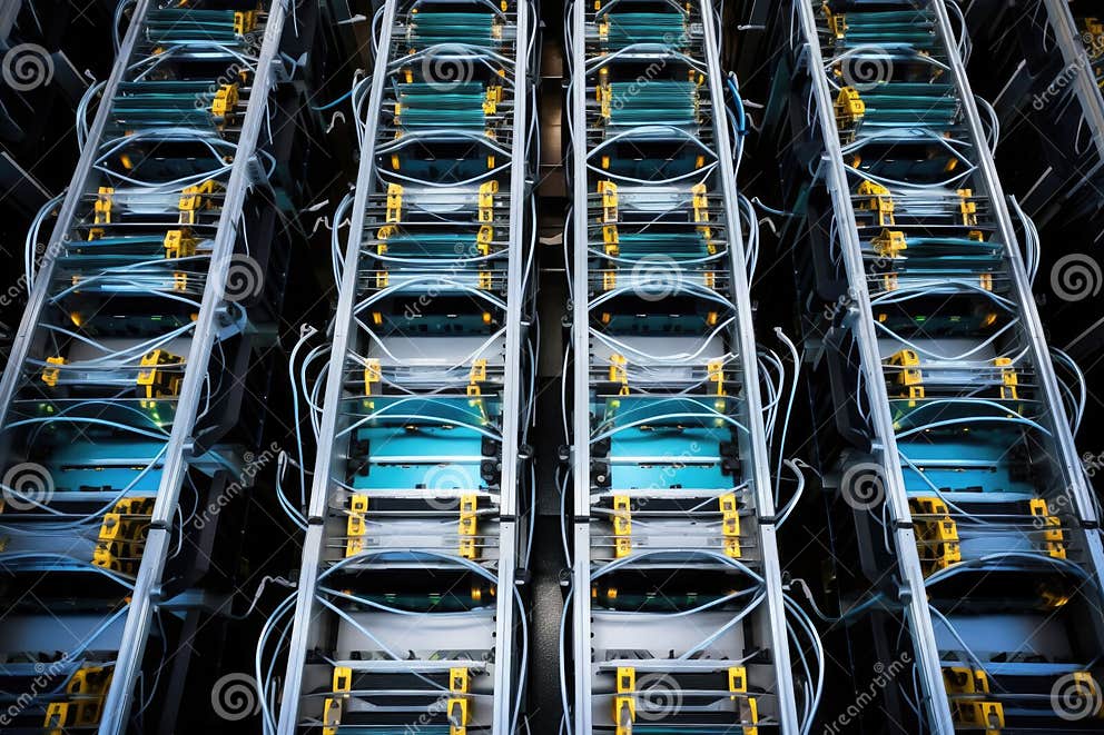 Top View of Multiple Database Servers Stacked in a Rack at Data Center ...