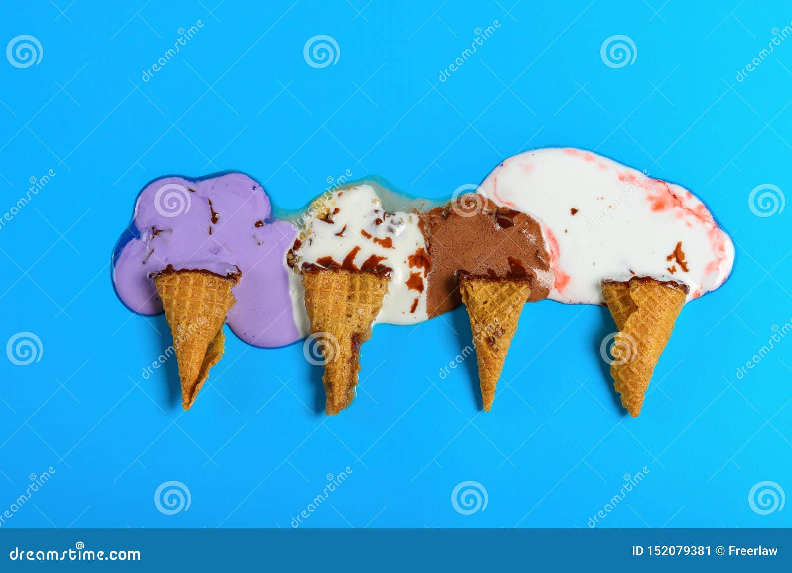 Multiple Flavor Ice Cream Cones In Melting Process On Yellow Background ...