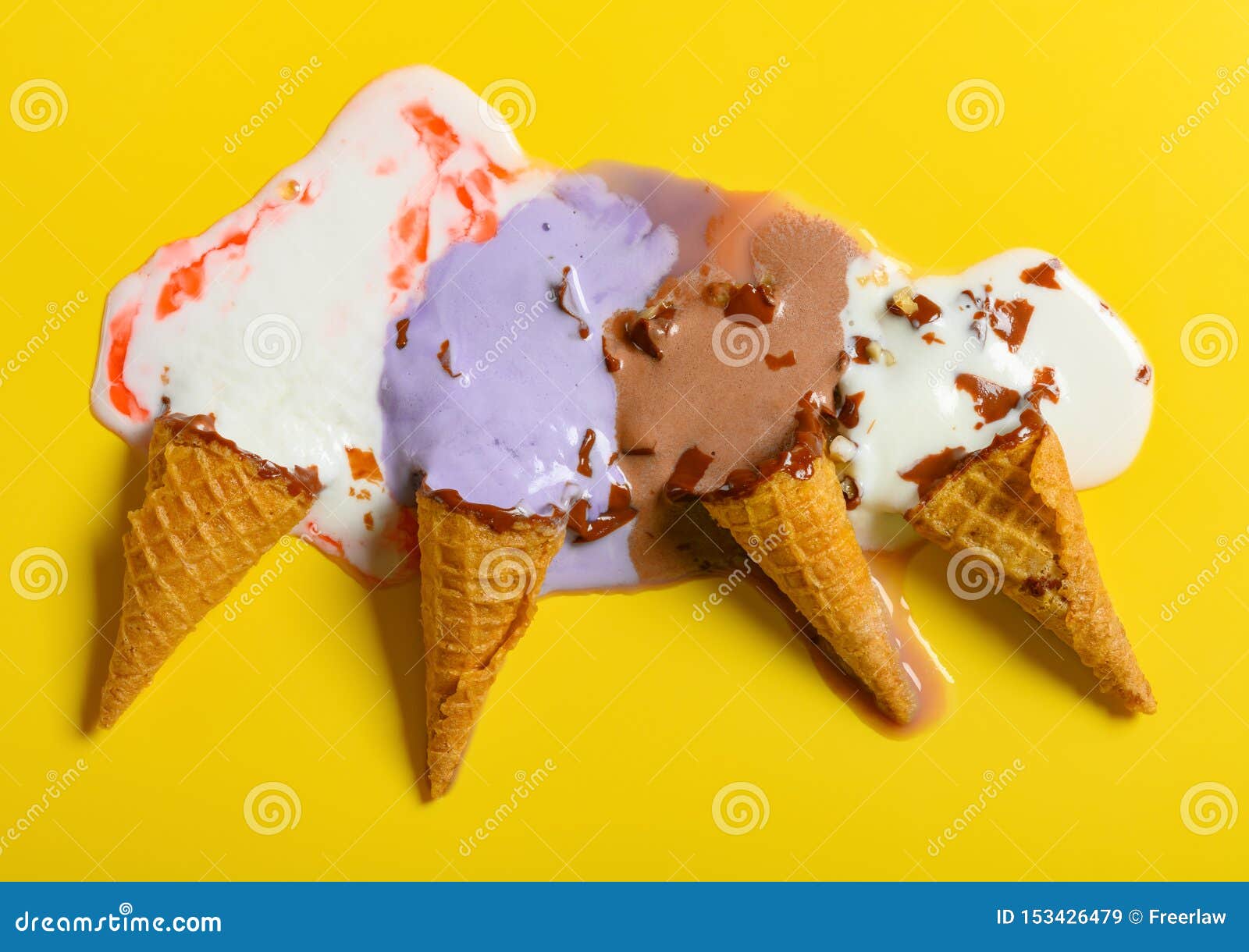 Multiple Flavor Ice Cream Cones Melted on Yellow Background Stock Image ...