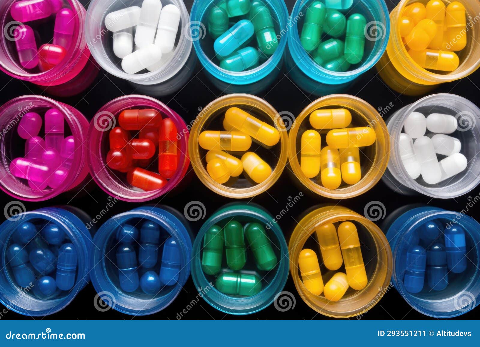 Top View of Multiple Pill Bottles with Various Colored Lids Stock Image ...