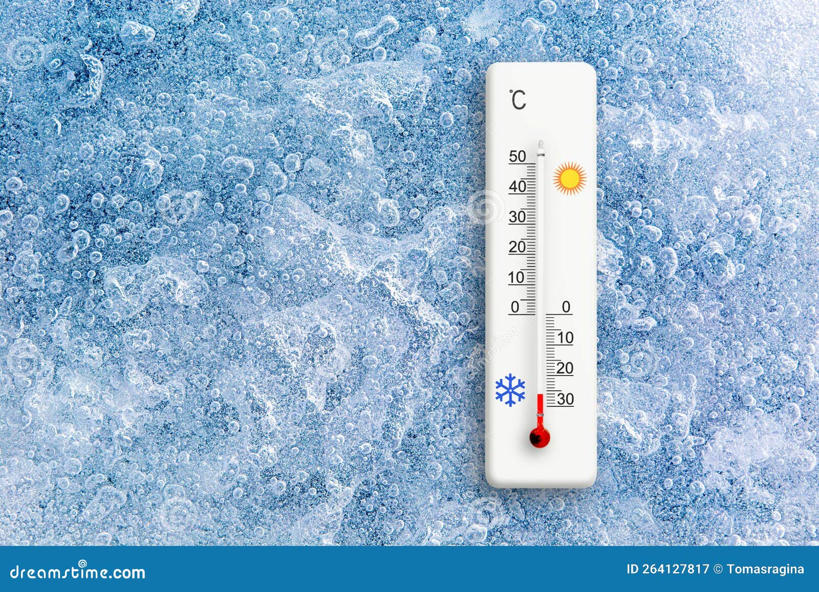 Top View of Natural Ice Texture with Celsius Scale Thermometer. Ambient ...