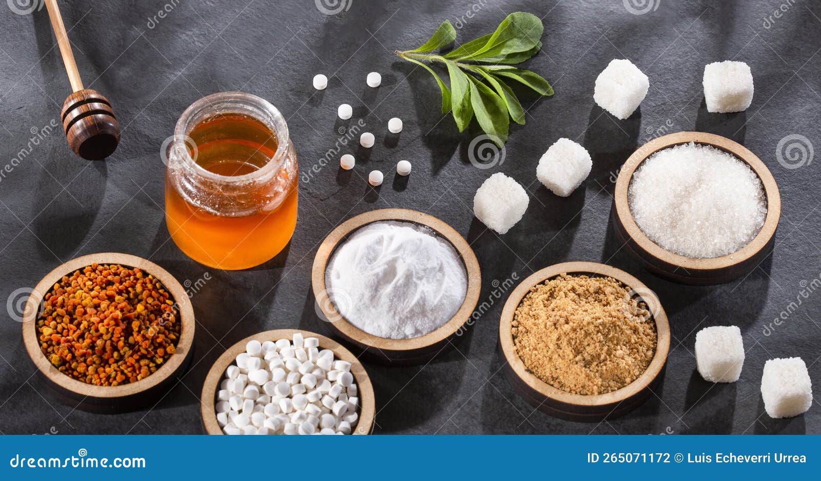 Sugar, Stevia Leaves, Pollen and Honey - Variety of Natural Sweeteners ... Sugar, Stevia Leaves, Pollen and Honey - Variety of Natural Sweeteners ...