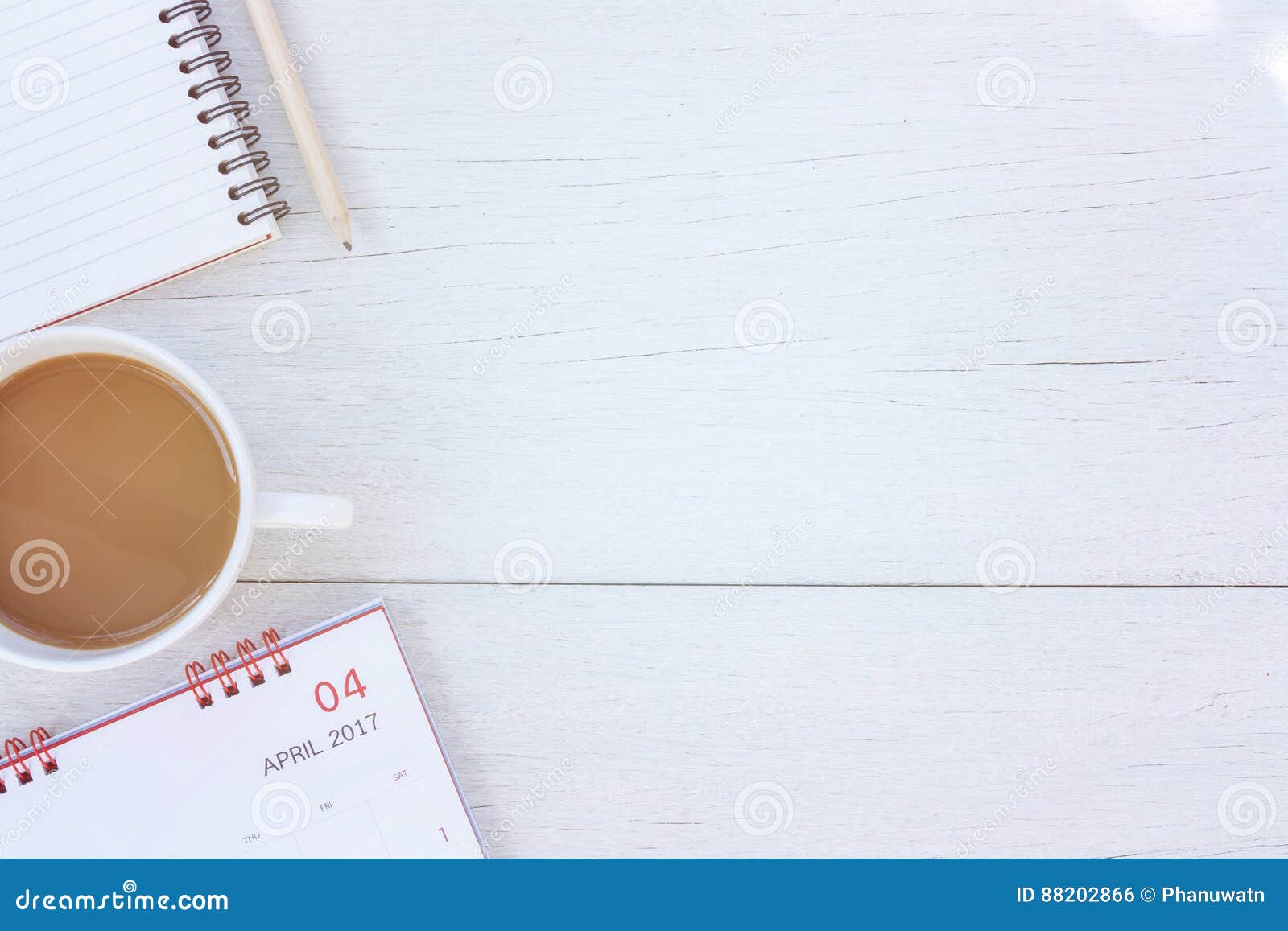 Top View Note Book, Calendar and Coffee Cup on White Wooden Table Stock ...