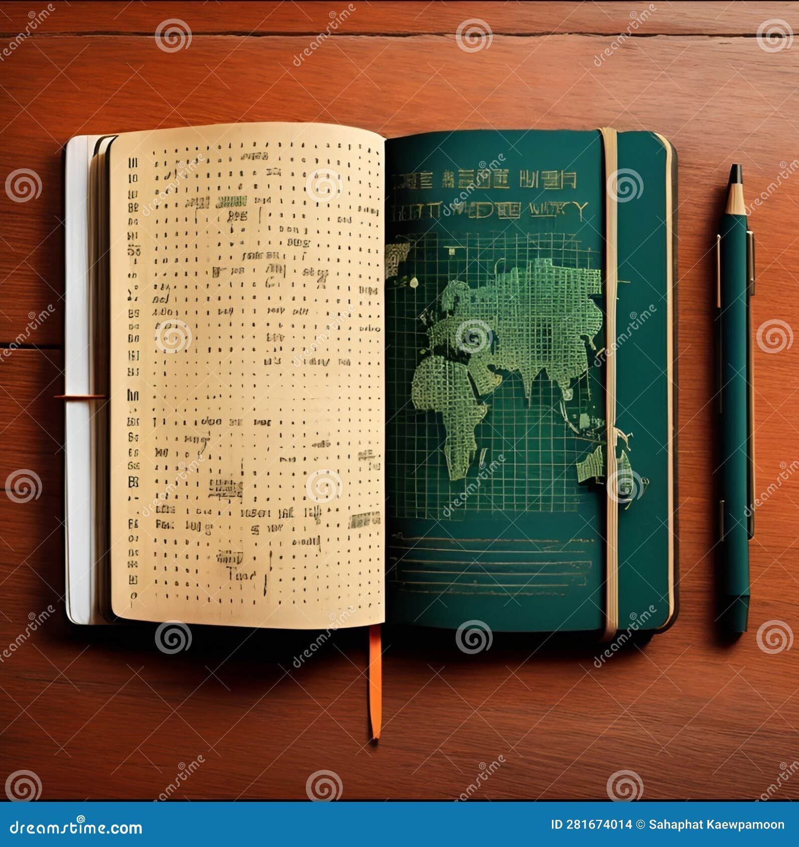 Top View of Notebook and Pen with World Map on Wooden Table Background ...