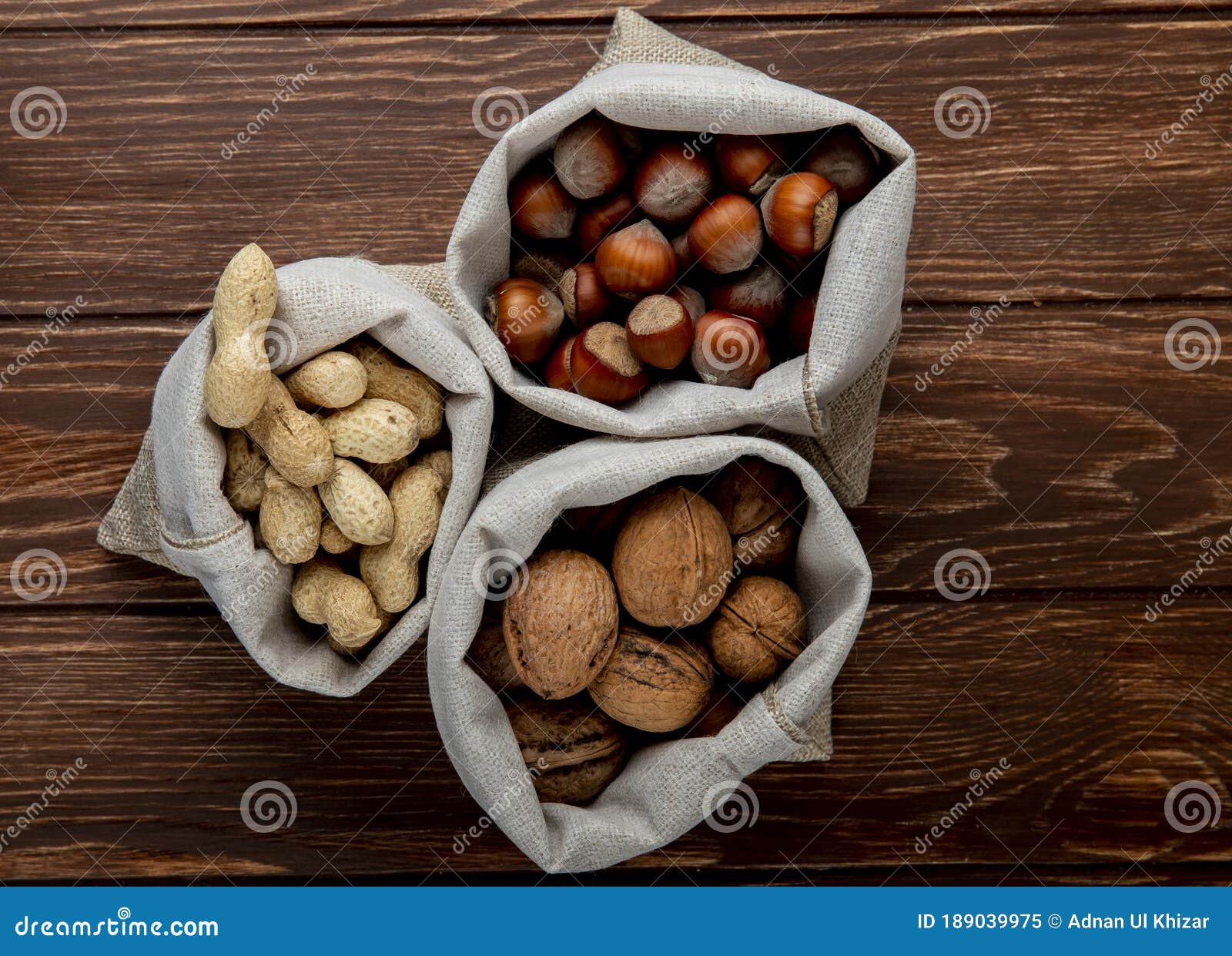 Top View of Nuts in Sacks Walnuts Peanuts and Hazelnuts in Shell on ...