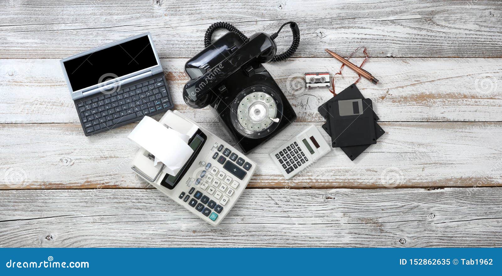 Top View of Obsolete Technologies that Includes Rotary Dial Phone and ...