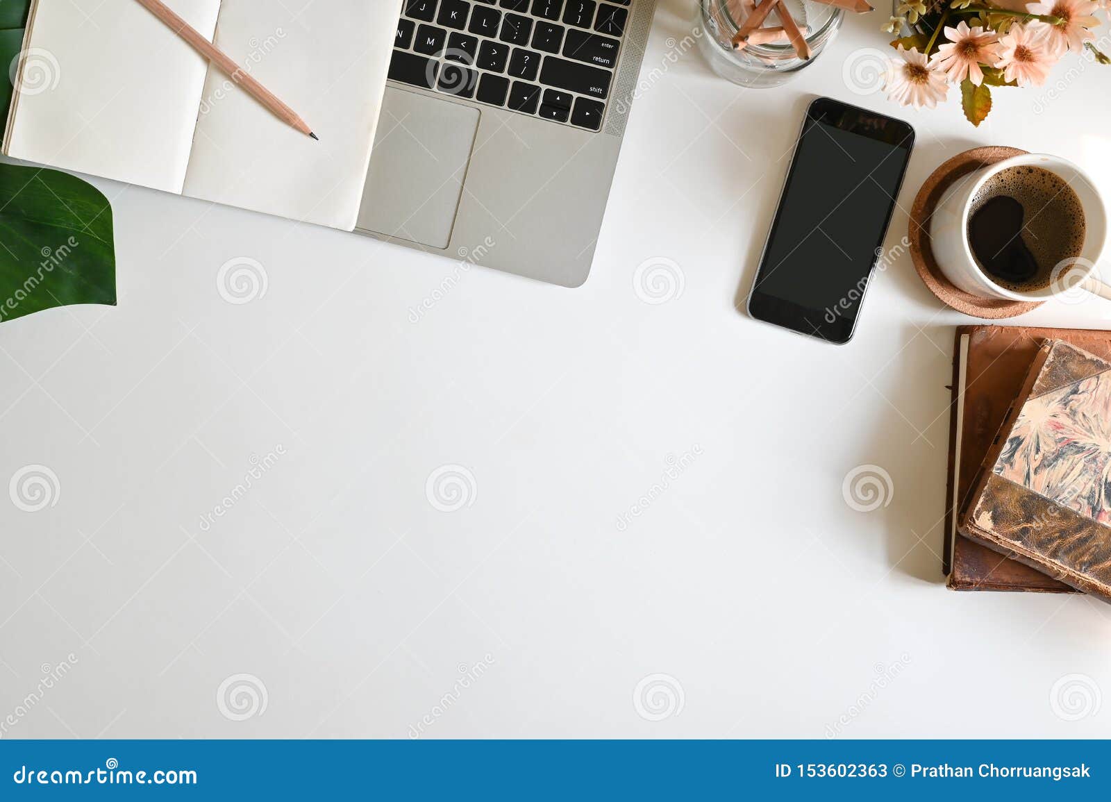 Top View Office Desk with Computer, Coffee Mobile Phone and Office ...
