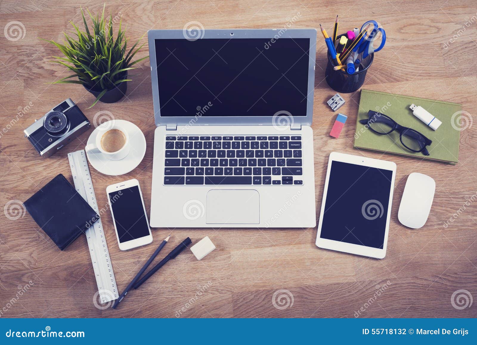 Top view office desk stock photo. Image of laptop, header - 55718132