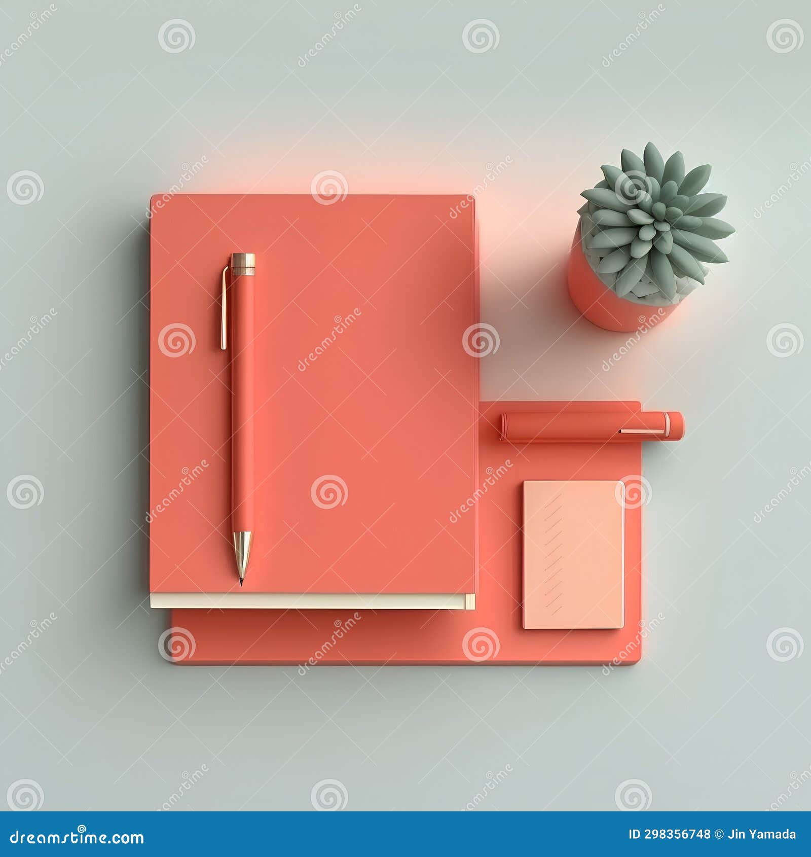 Top View of Office Desk with Notepad, Pen and Plant. 3d Render Stock ...