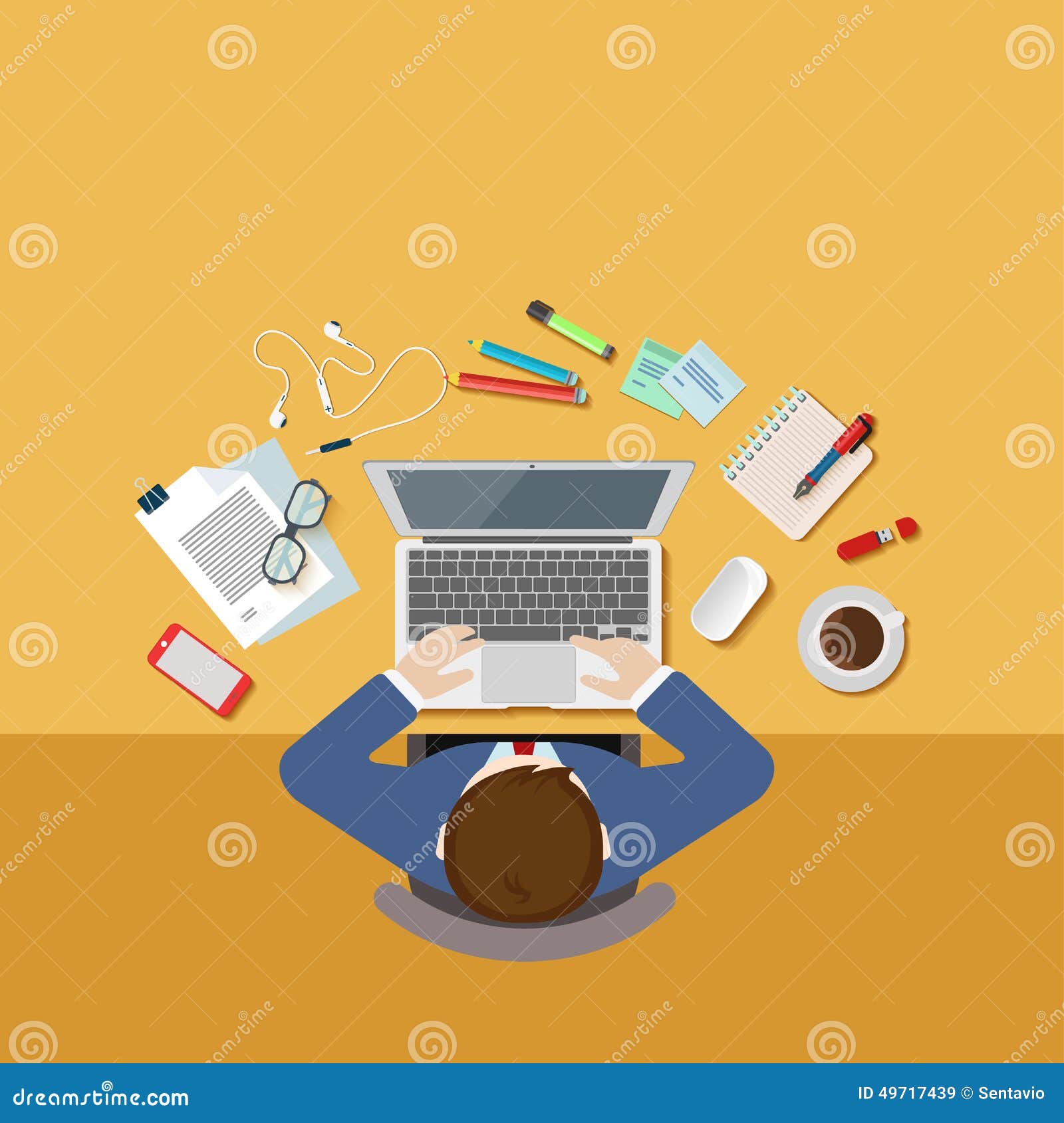 Workplace Concept. Office Desk Top View Design With. Cartoon Vector ...