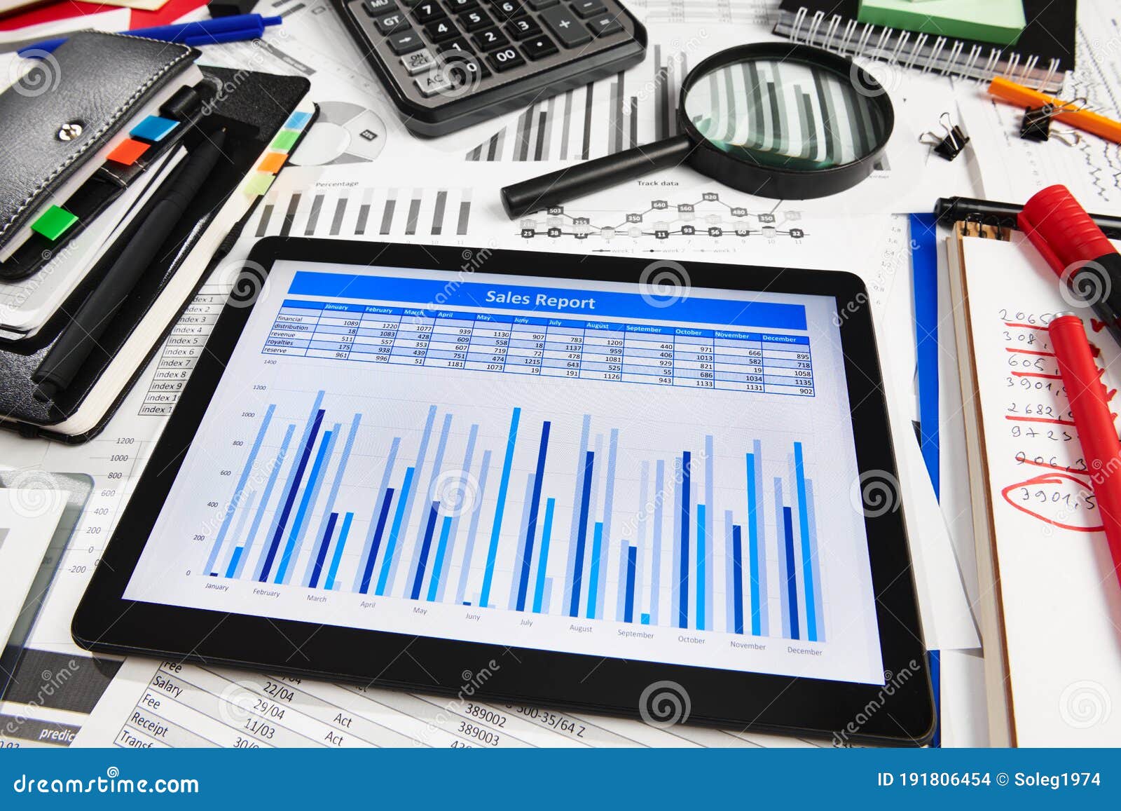 Top View of Office Employee`s Desk - Work with Tablet Pc Computer and ...