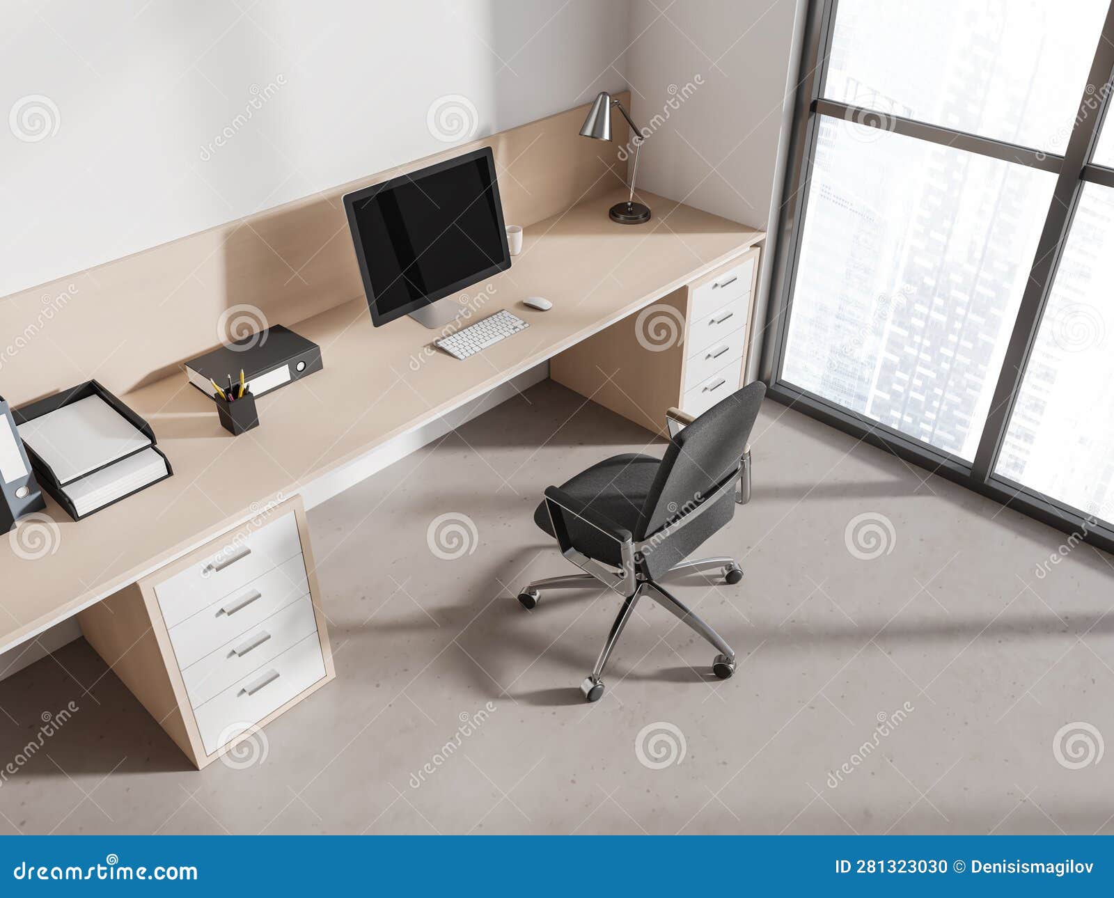 Top View of Office Interior with Pc Computer and Shelves with Window ...