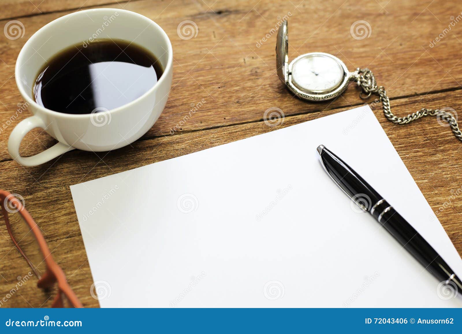 Top View of Office Table with Notebook Blank Paper Pen Cup Stock Photo ...