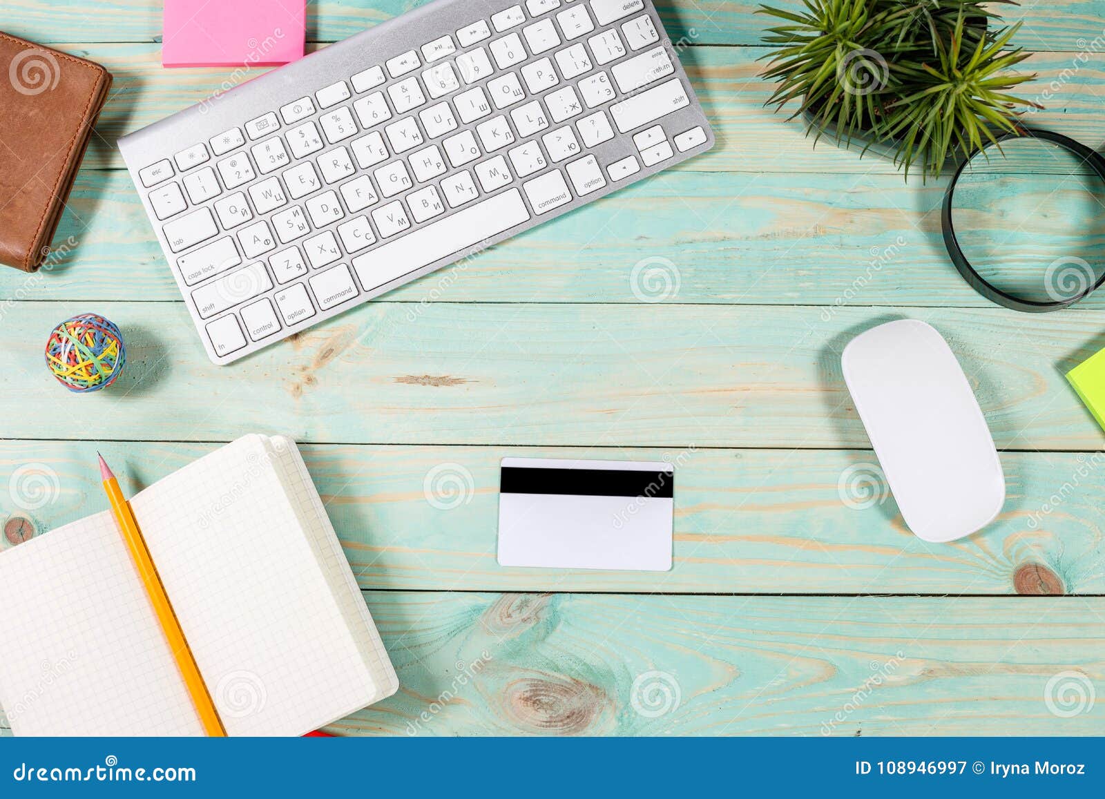 Top View Office Table and Blank Credit Card on Wood Background. Stock ...