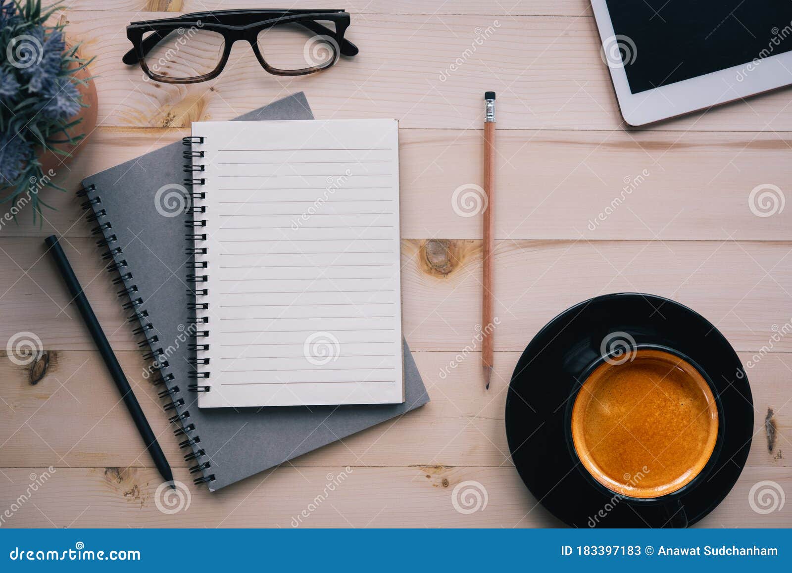 Top View Office Table with Notebook and Notepad,espresso Coffee. with ...