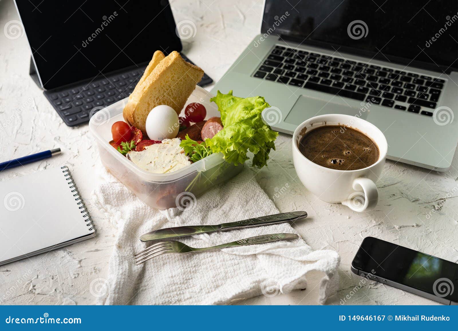 Top View of the Office Work Place with Computer or Laptop Pen and Phone ...