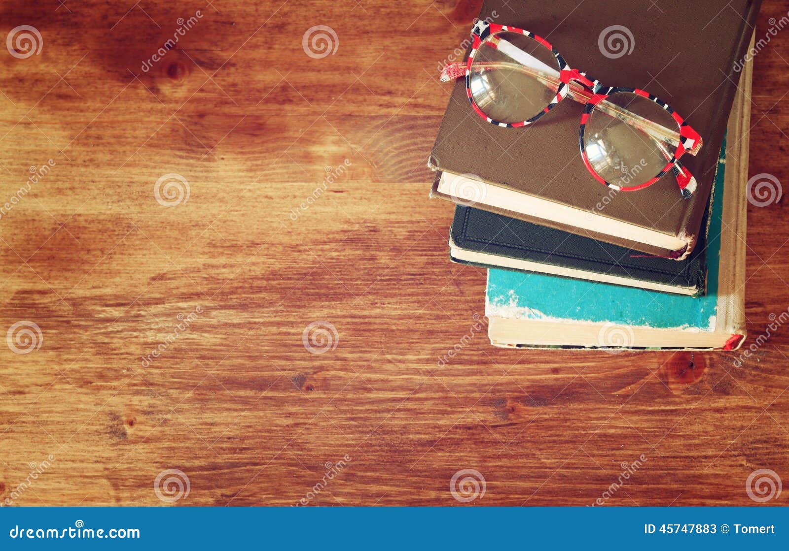 Top View of Old Books on a Wooden Table. Retro Filtered Image Stock ...