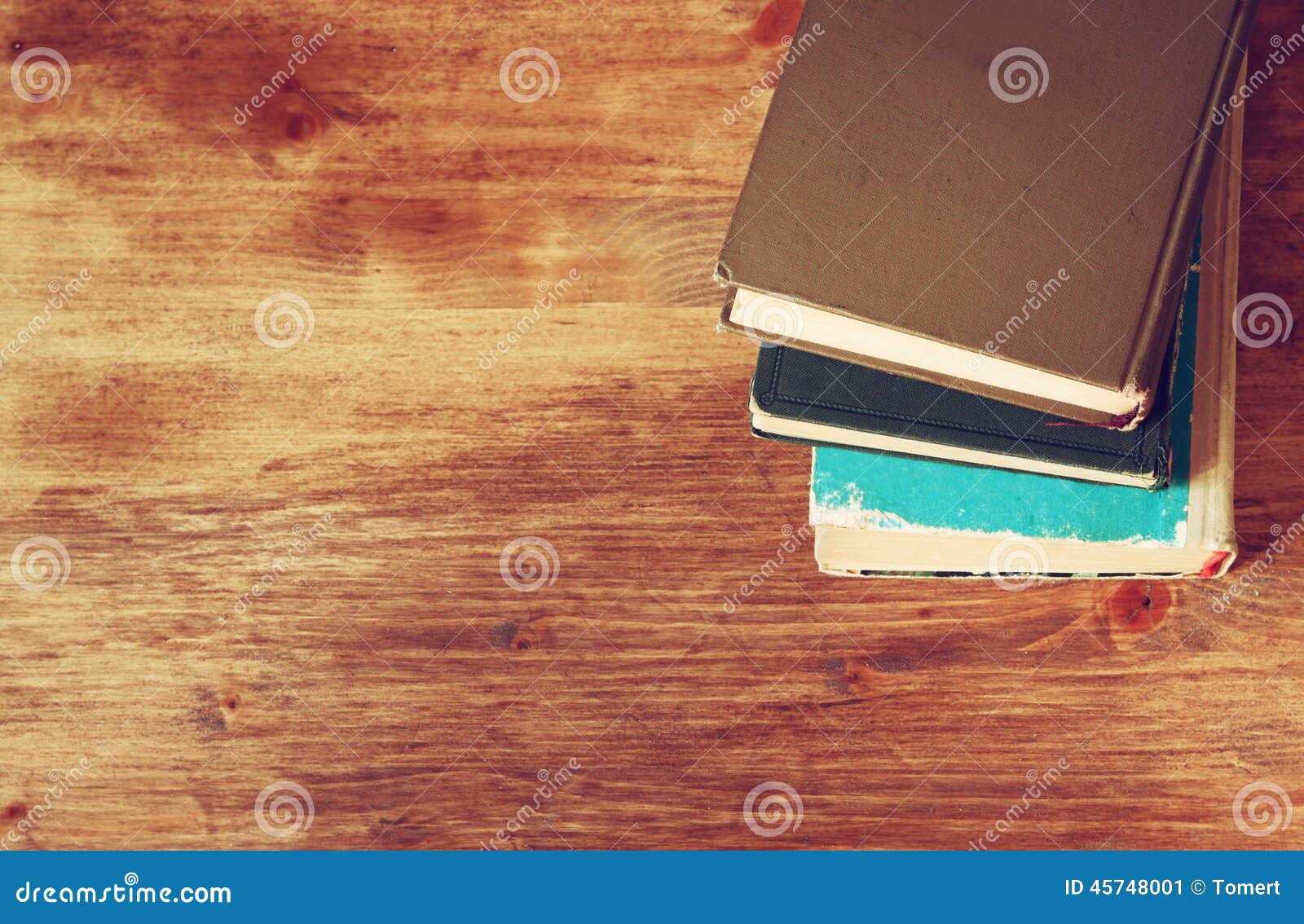 Top View of Old Books on a Wooden Table. Retro Filtered Image Stock ...