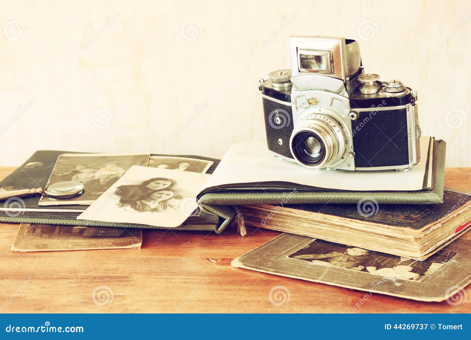 Top View of Old Camera, Antique Photographs. Stock Image - Image of ...