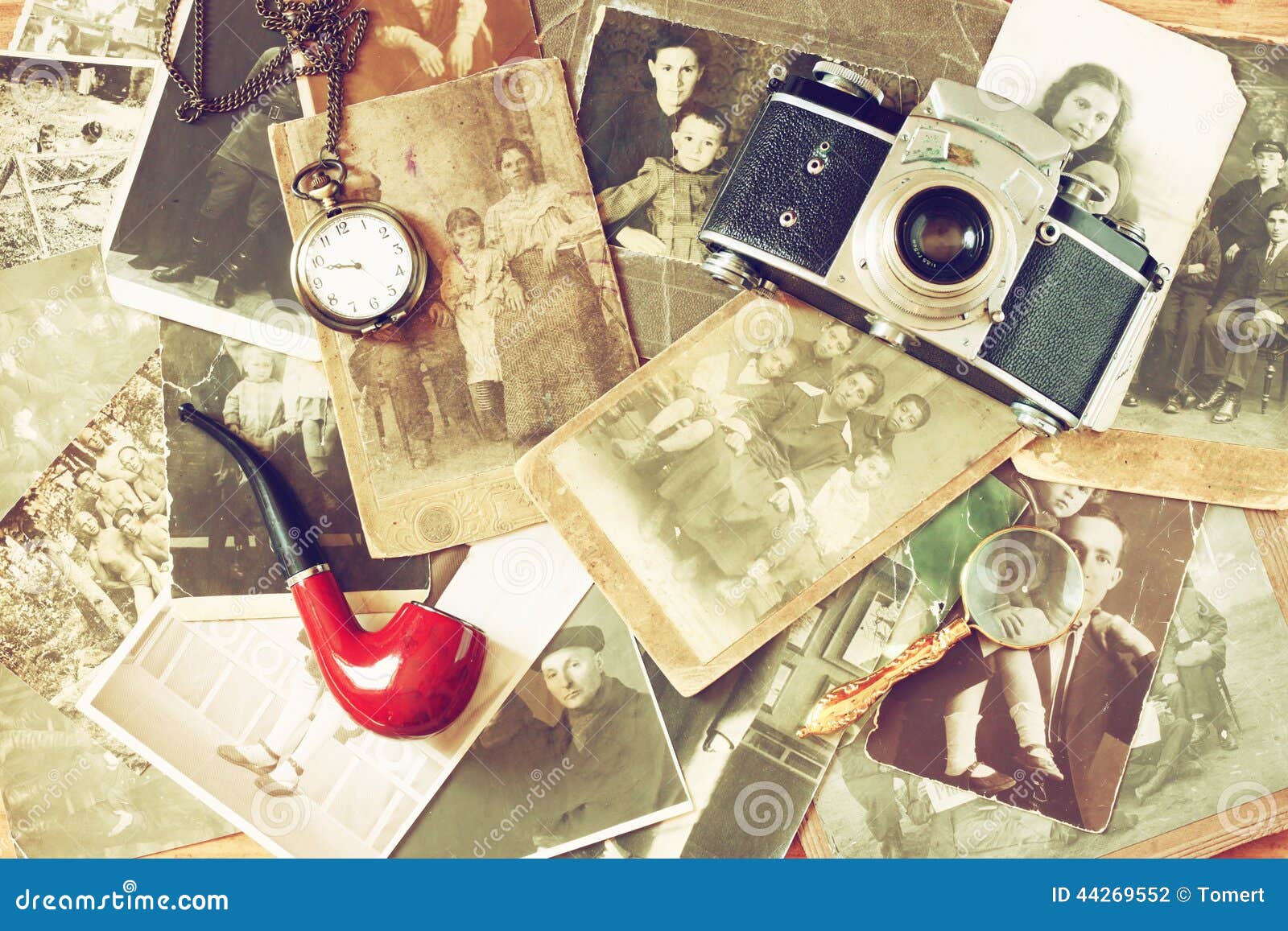 Top View of Old Camera, Antique Photographs and Old Pocket Clock Stock ...