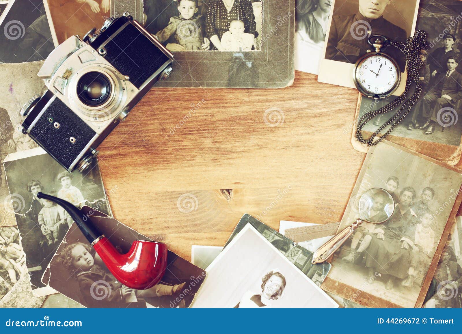 Top View of Old Camera, Antique Photographs and Old Pocket Clock Stock ...