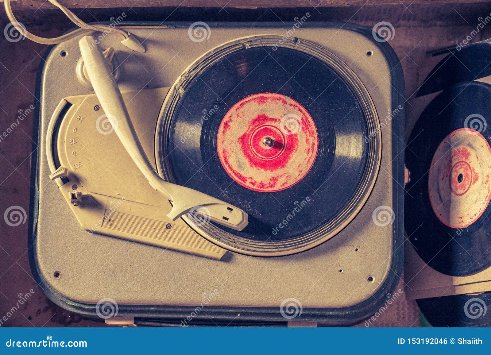 Top View of Old Gramophone with Few Black Vinyl Records Stock Photo ...