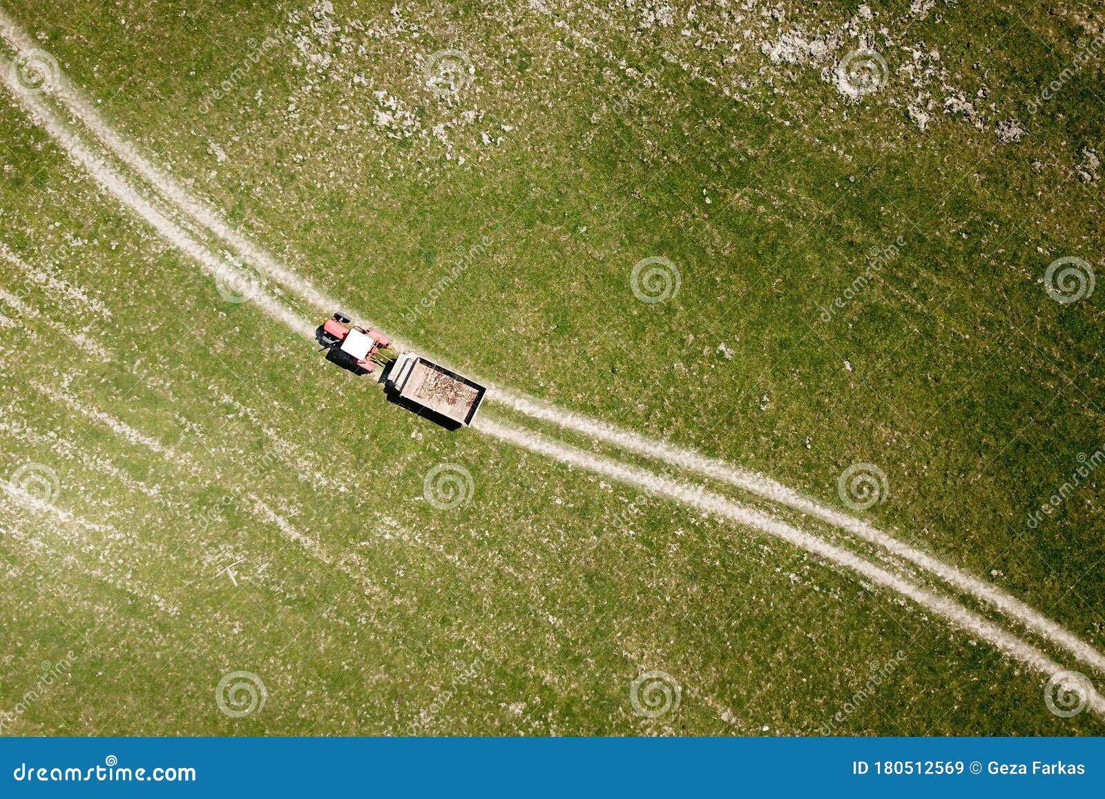 Top View of Old Red Tractor with Trailer on the Pasture Stock Image ...