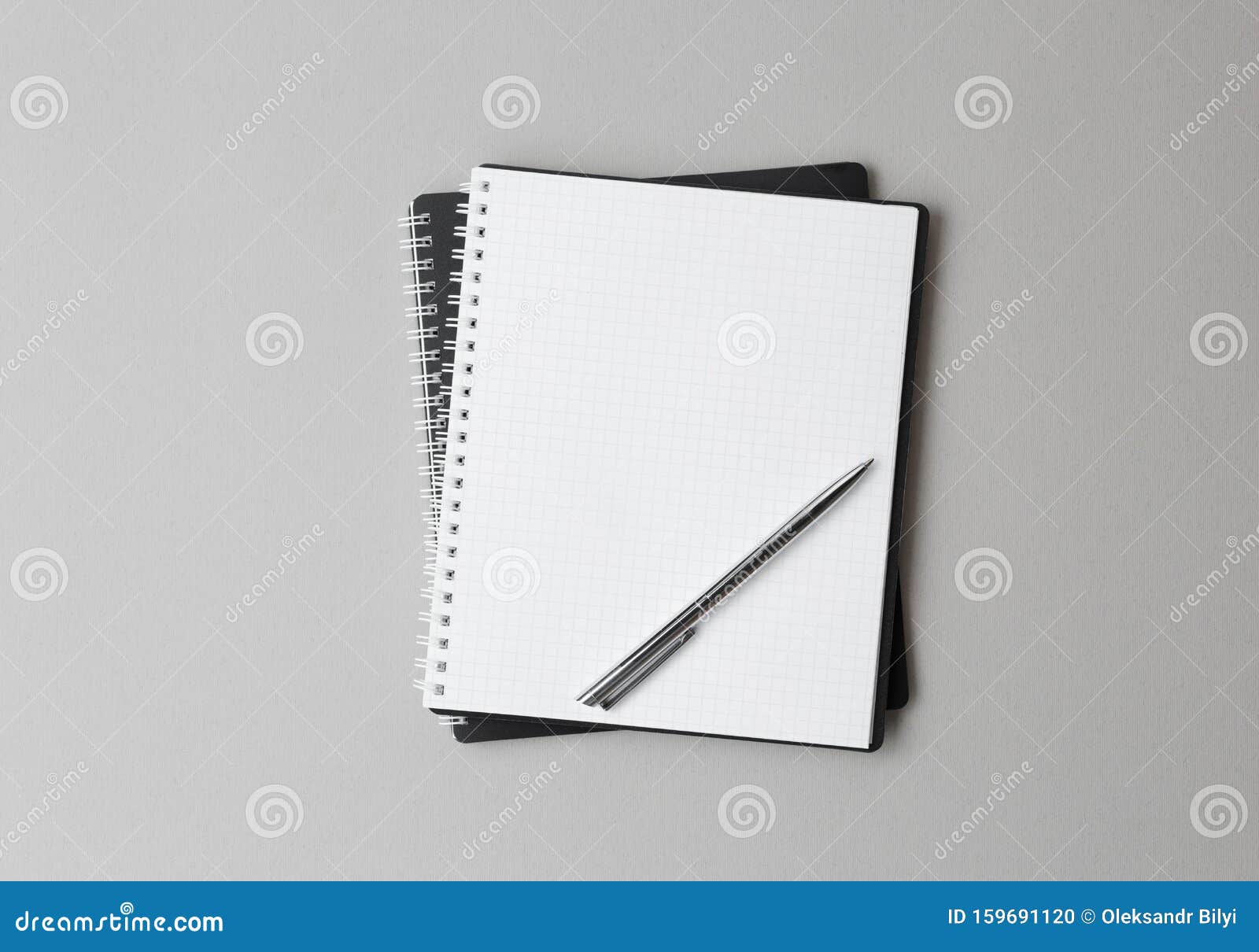 Top View of a Open Black Notebook with Pen on a Gray Background Stock ...