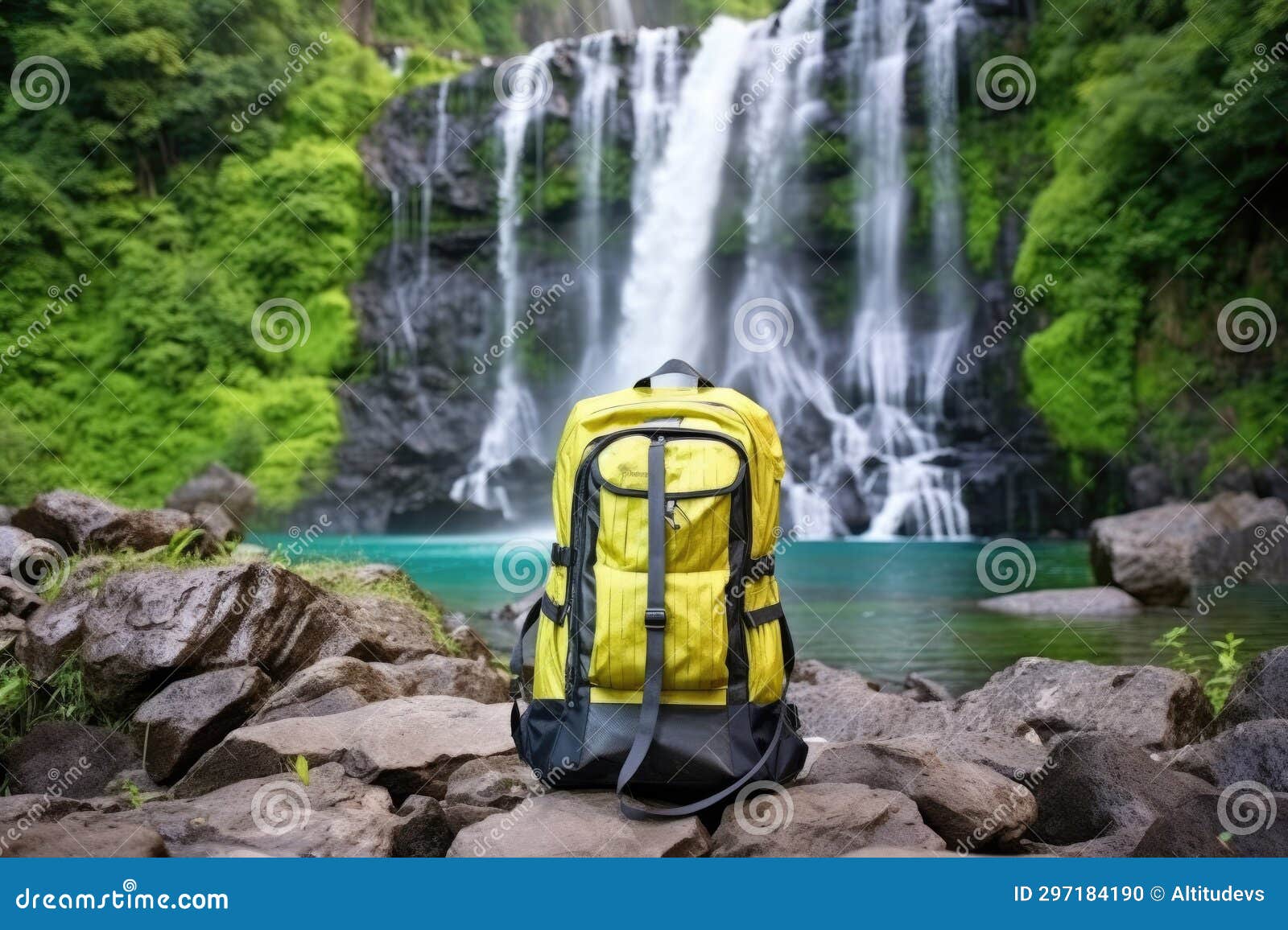 Top View of Open Camping Backpack by Waterfall Stock Photo - Image of ...