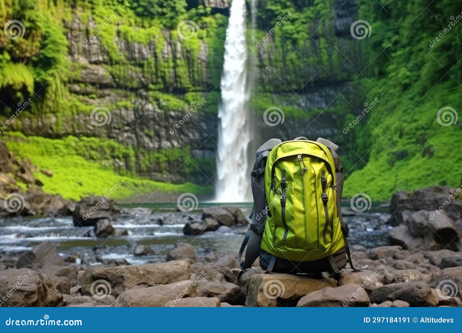 Top View of Open Camping Backpack by Waterfall Stock Image - Image of ...