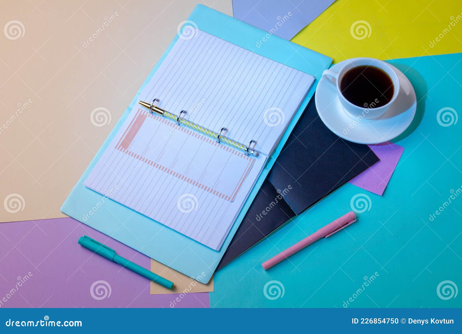 Top View Open Diary with Felt-tip Pens and Cup of Tea. Stock Photo ...