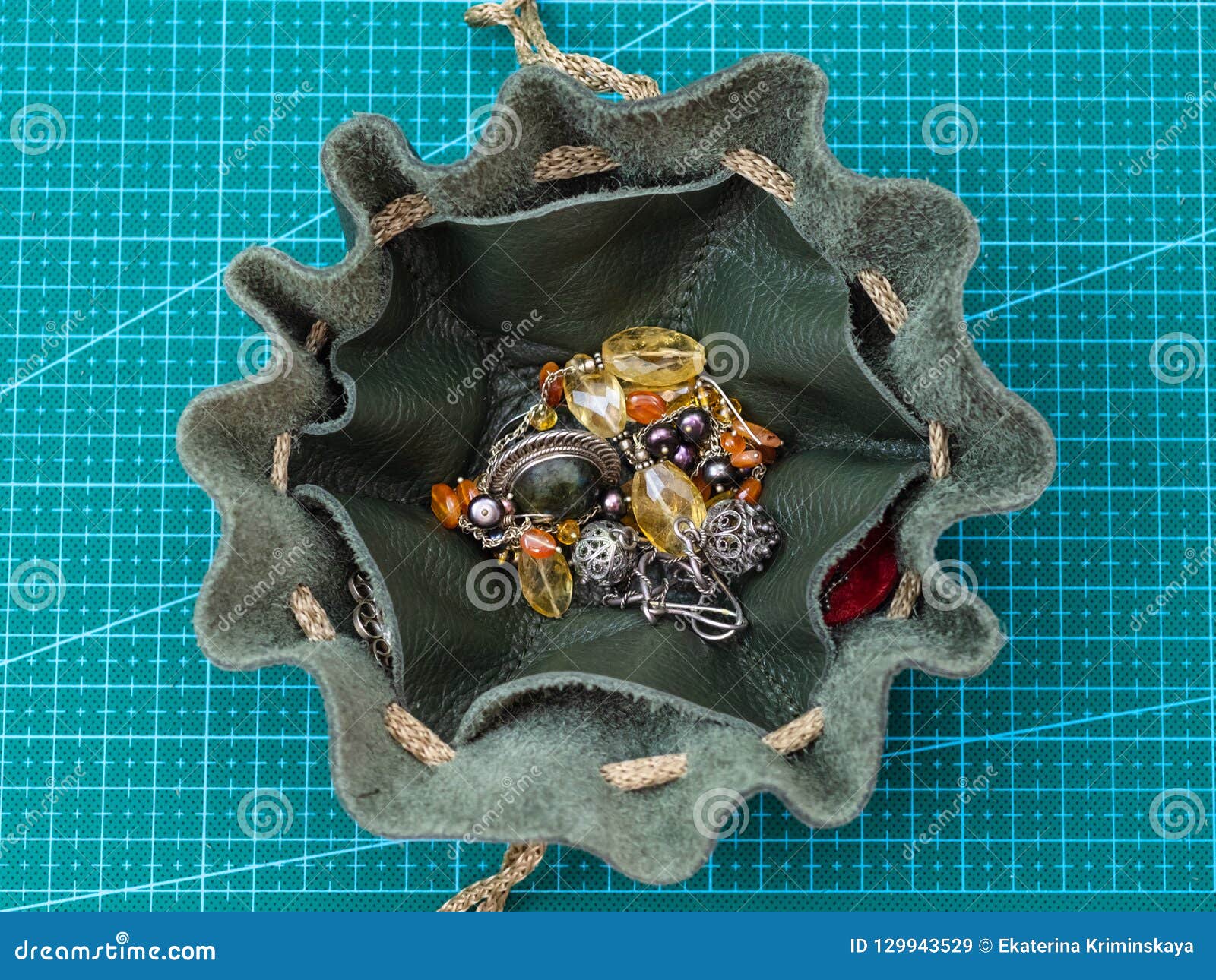 Top View of Open Drawstring Pouch with Jewelry Stock Image - Image of ...