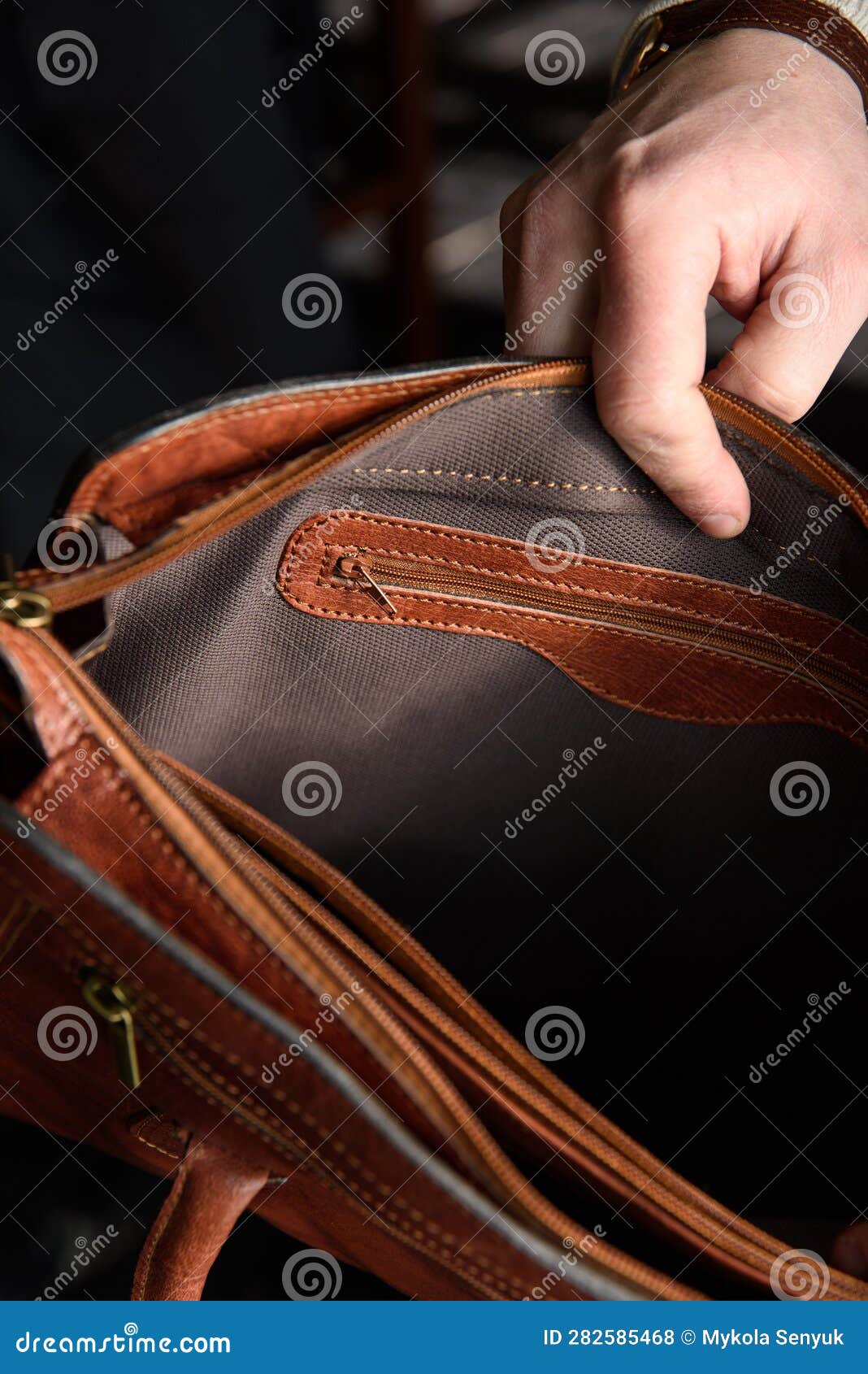 Top View of Open Empty Leather Bag in Mans Hands Stock Photo - Image of ...