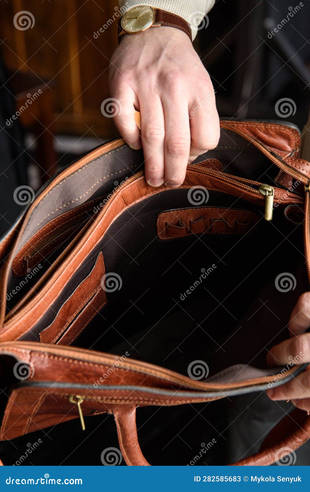 Top View of Open Empty Leather Bag in Mans Hands Stock Image - Image of ...