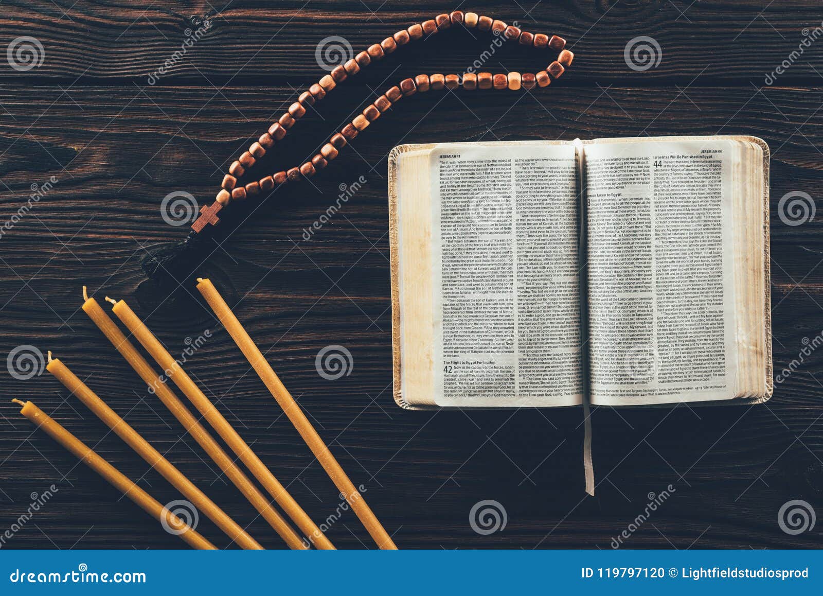 Top View of Open Holy Bible with Rosary and Candles Stock Photo - Image ...