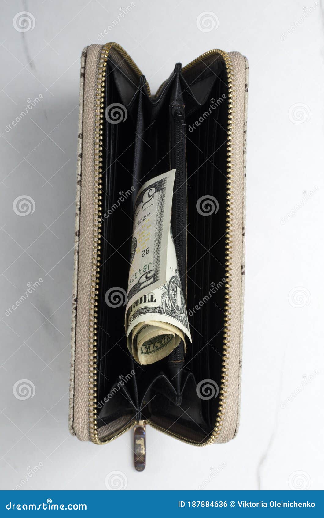 Top View of Opened Female Purse and Cash in it on the White Surface ...