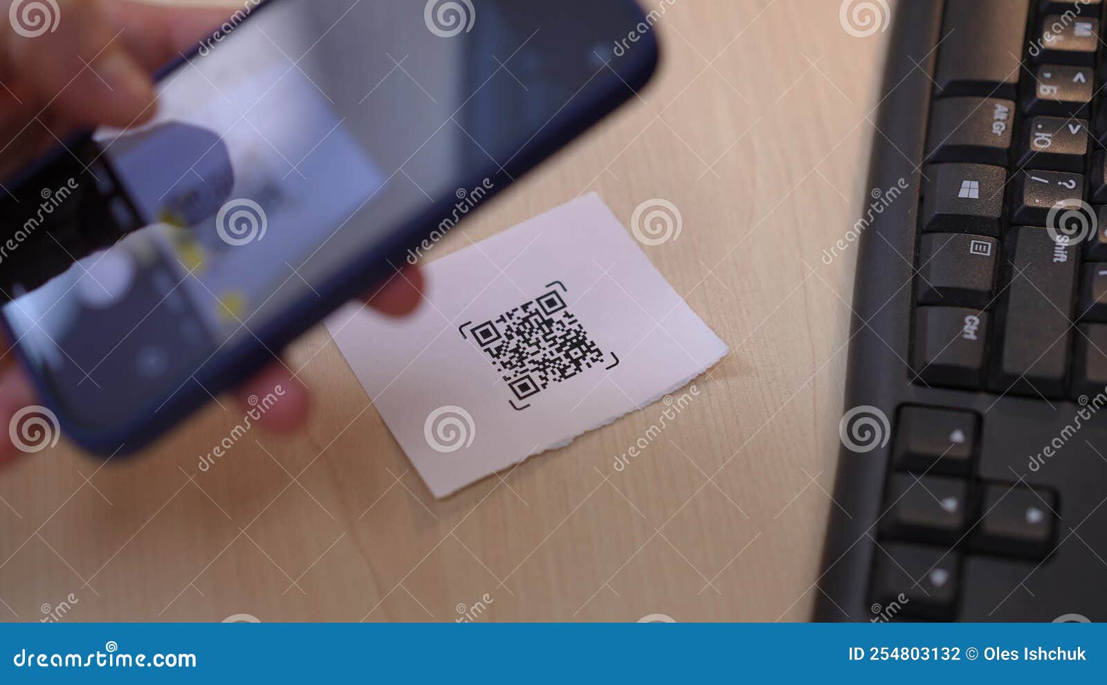 Top View Paper with QR Code on Table with Male Caucasian Hand Using ...