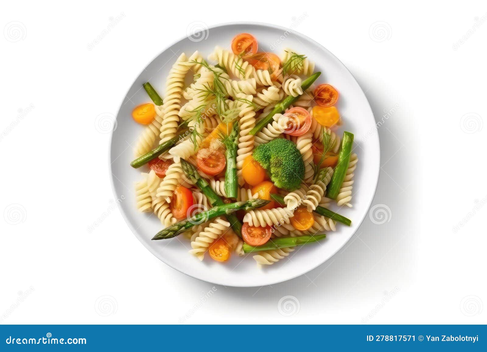 Top View Pasta Primavera on White Round Plate on White Background ...