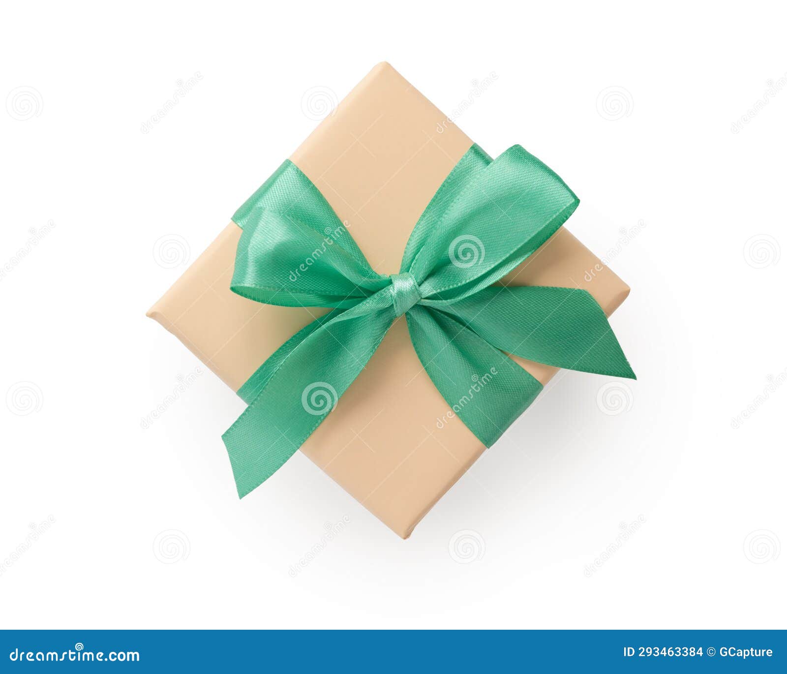 Top View of Peach Color Present Box with Emerald Ribbon Isolated on ...
