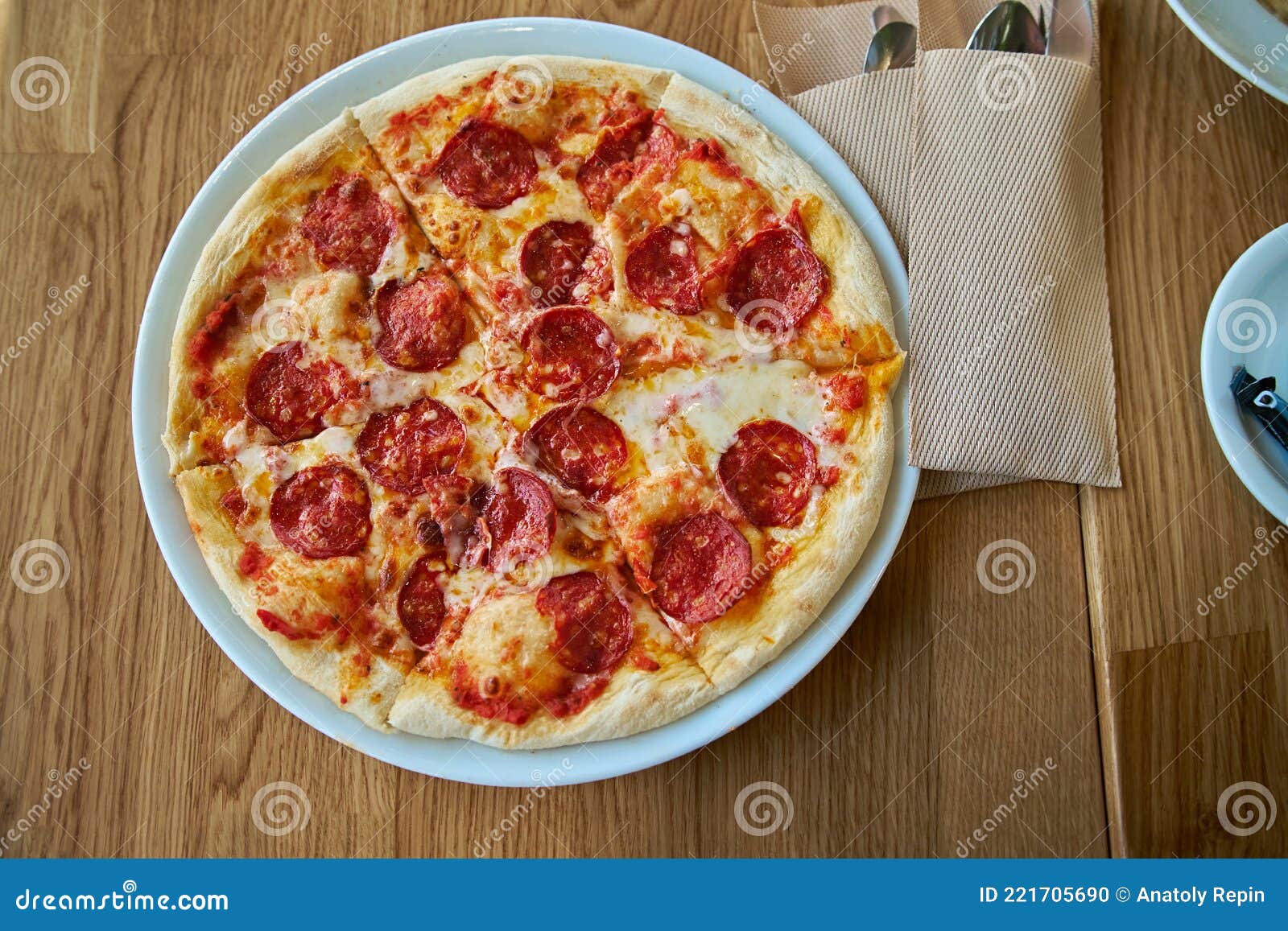Top View of Pepperoni Pizza on Plate on the Table Stock Photo - Image ...