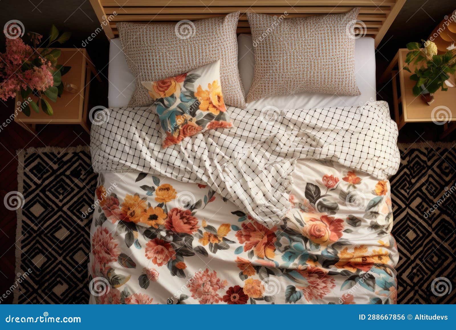 Top View of a Perfectly Made Bed with Patterns Stock Photo - Image of ...