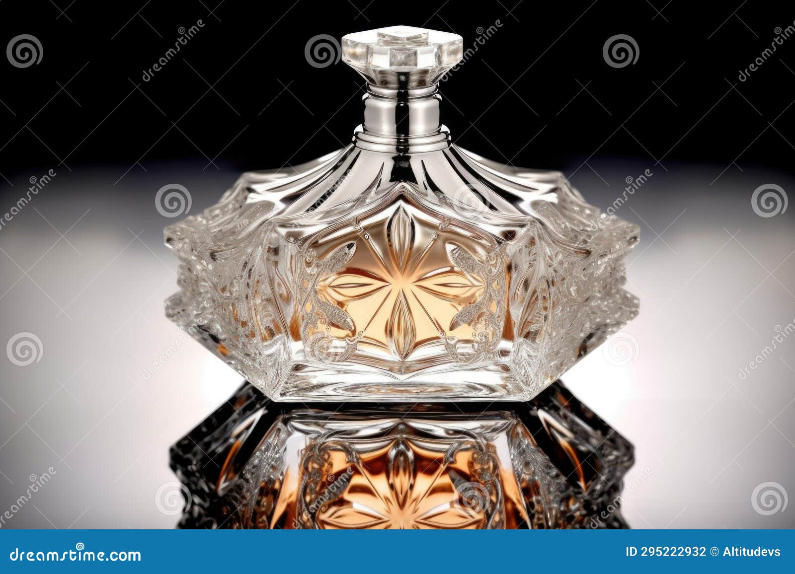 Top View of a Perfume Bottle on Mirrored Surface Stock Photo - Image of ...